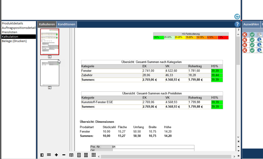 Kalkulation mit Preislistensummierung